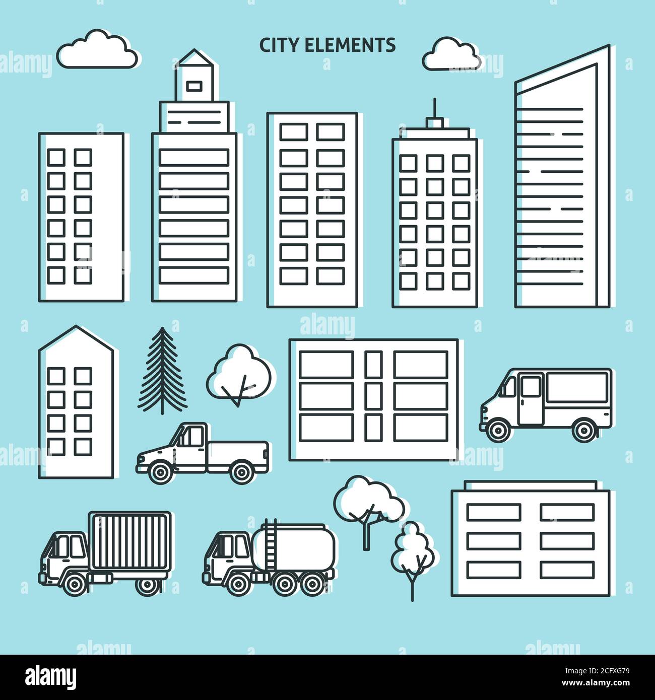 City elements set in thin line style. Collection of urban symbols ...