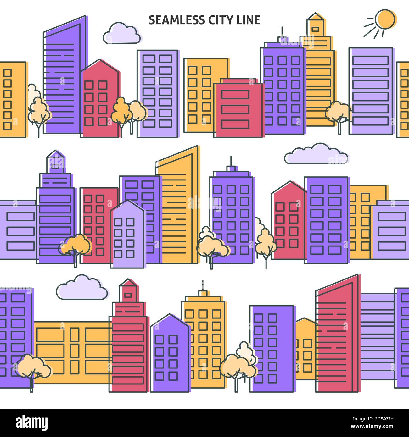 Seamless city skyline with trees and clouds in thin line style. 3 ...