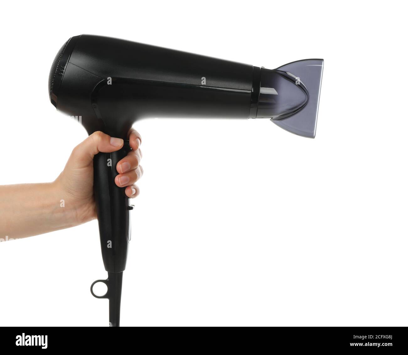 Female hand holds hair dryer, isolated on white background Stock Photo ...