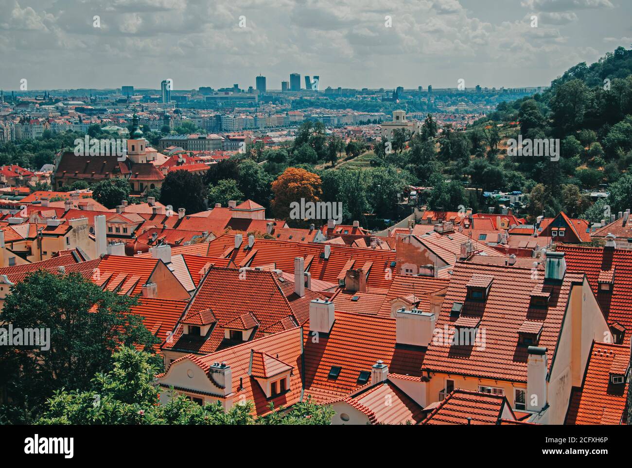 Top view to red roofs skyline of Prague old city. Aerial view of Prague ...