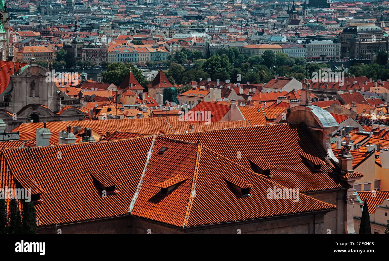 Top view to red roofs skyline of Prague old city. Aerial view of Prague ...