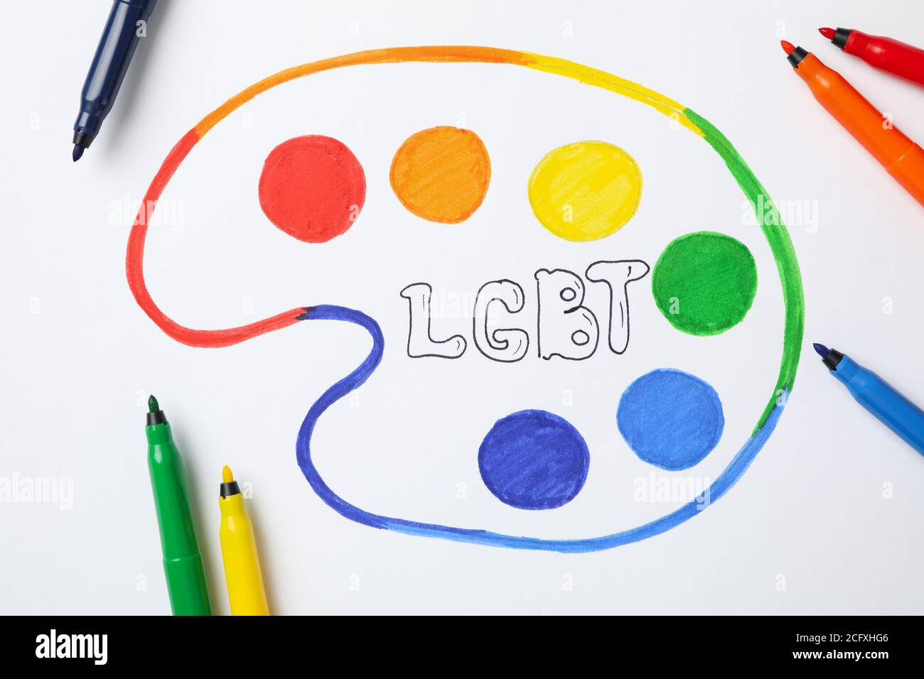 Felt-tip pens and LGBT drawing on white background Stock Photo - Alamy