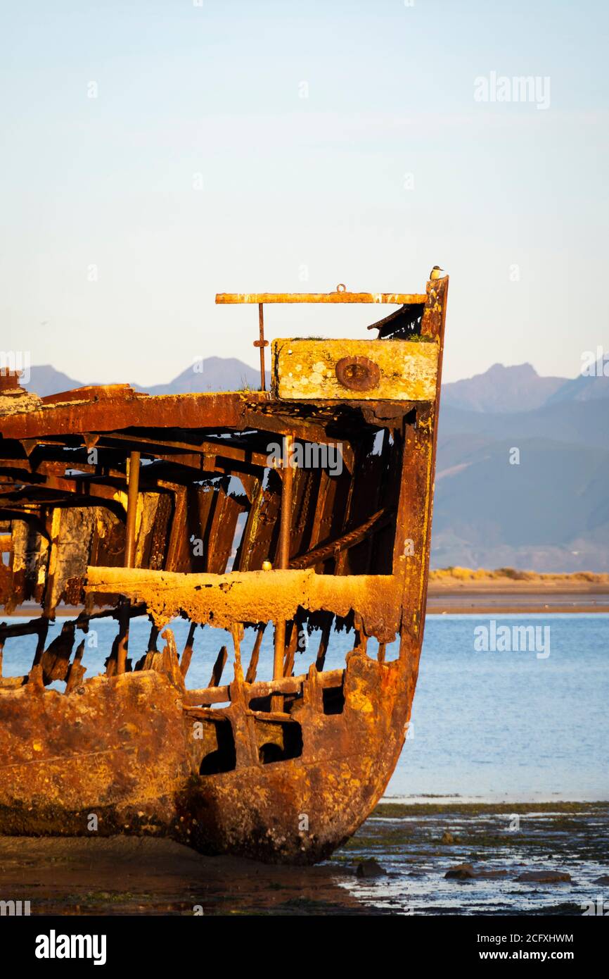 Wreck of the Janie Seddon, built in 1901, on the beach at Motueka ...
