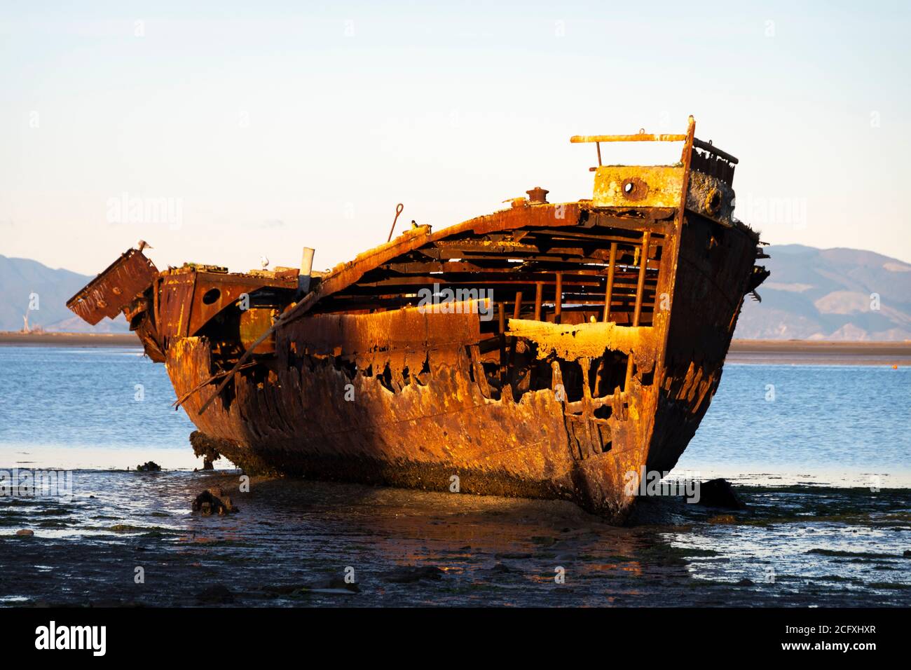 Wreck of the Janie Seddon, built in 1901, on the beach at Motueka ...