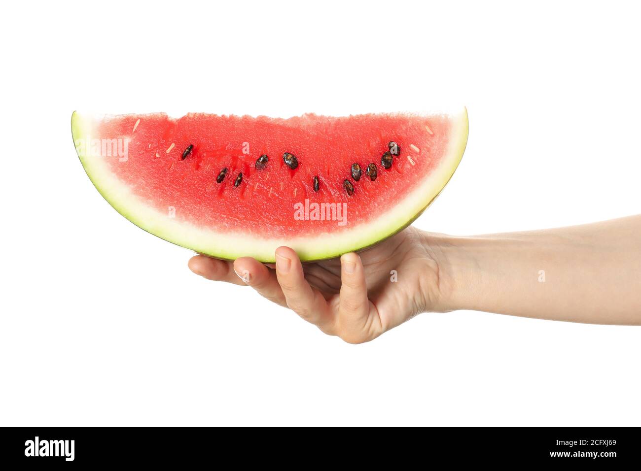 Female hand hold watermelon slice, isolated on white background Stock ...
