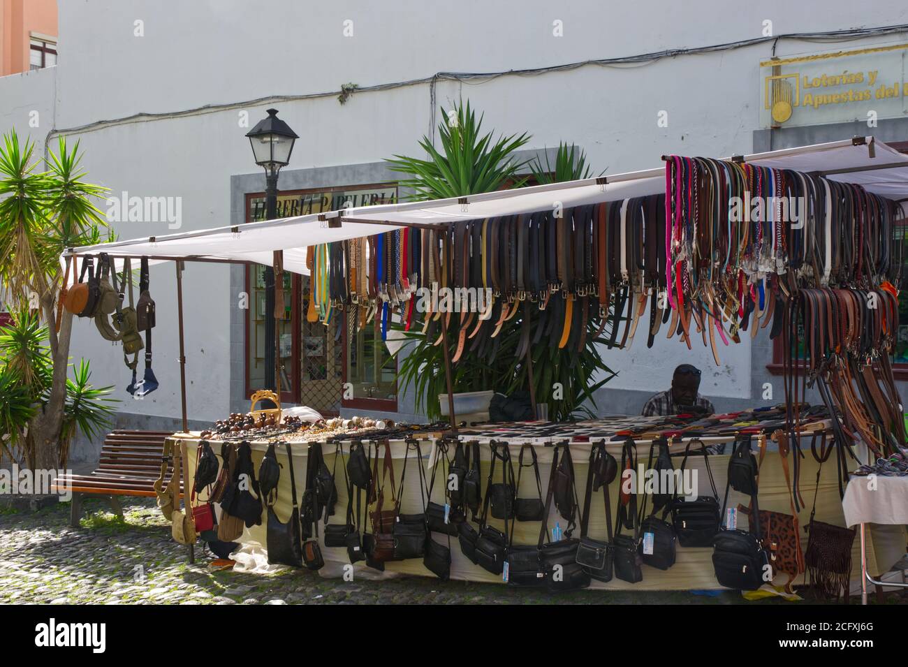 Leather craft stalls in Santa Cruz, La Palma, Canary Islands Stock ...