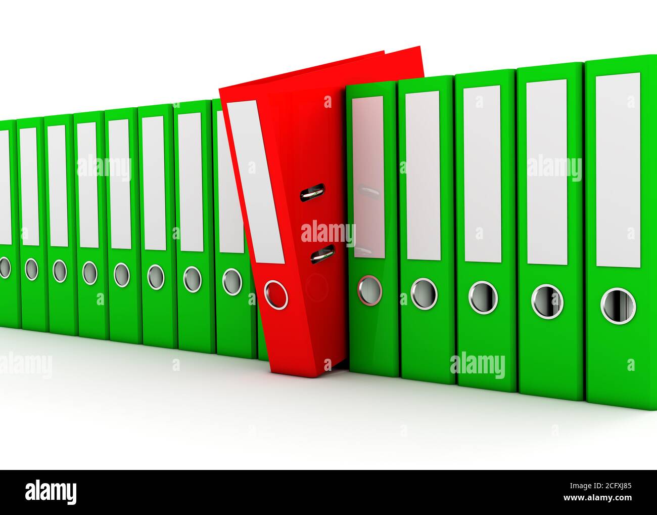 Red folder standing out from a lot of green folders, white background ...