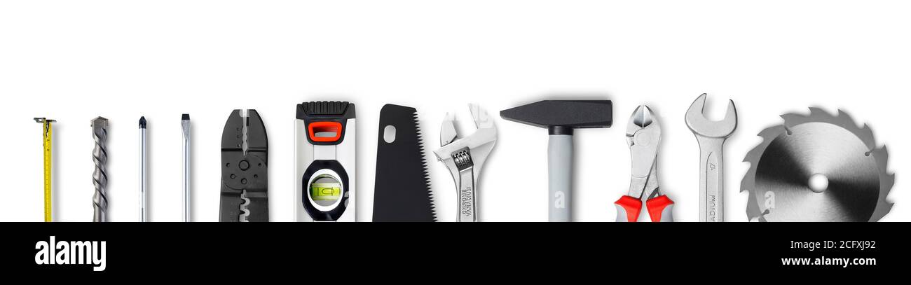 Various work tools on white background Stock Photo - Alamy