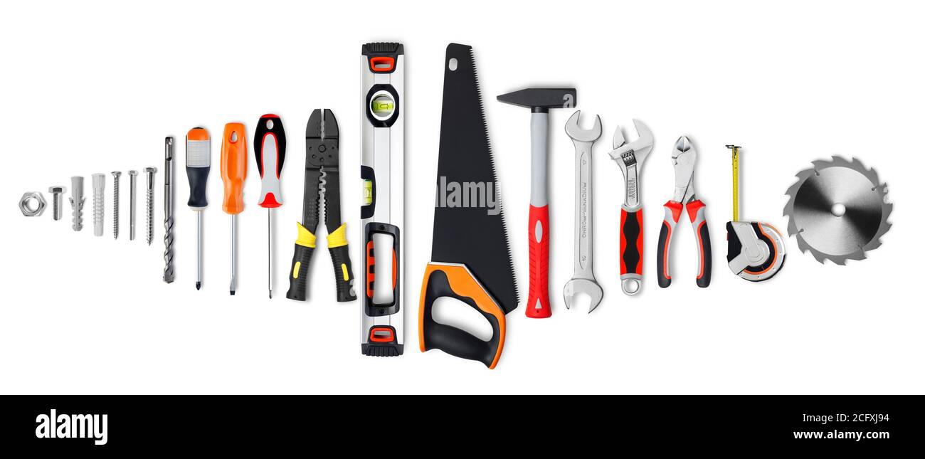 Various work tools on white background Stock Photo - Alamy