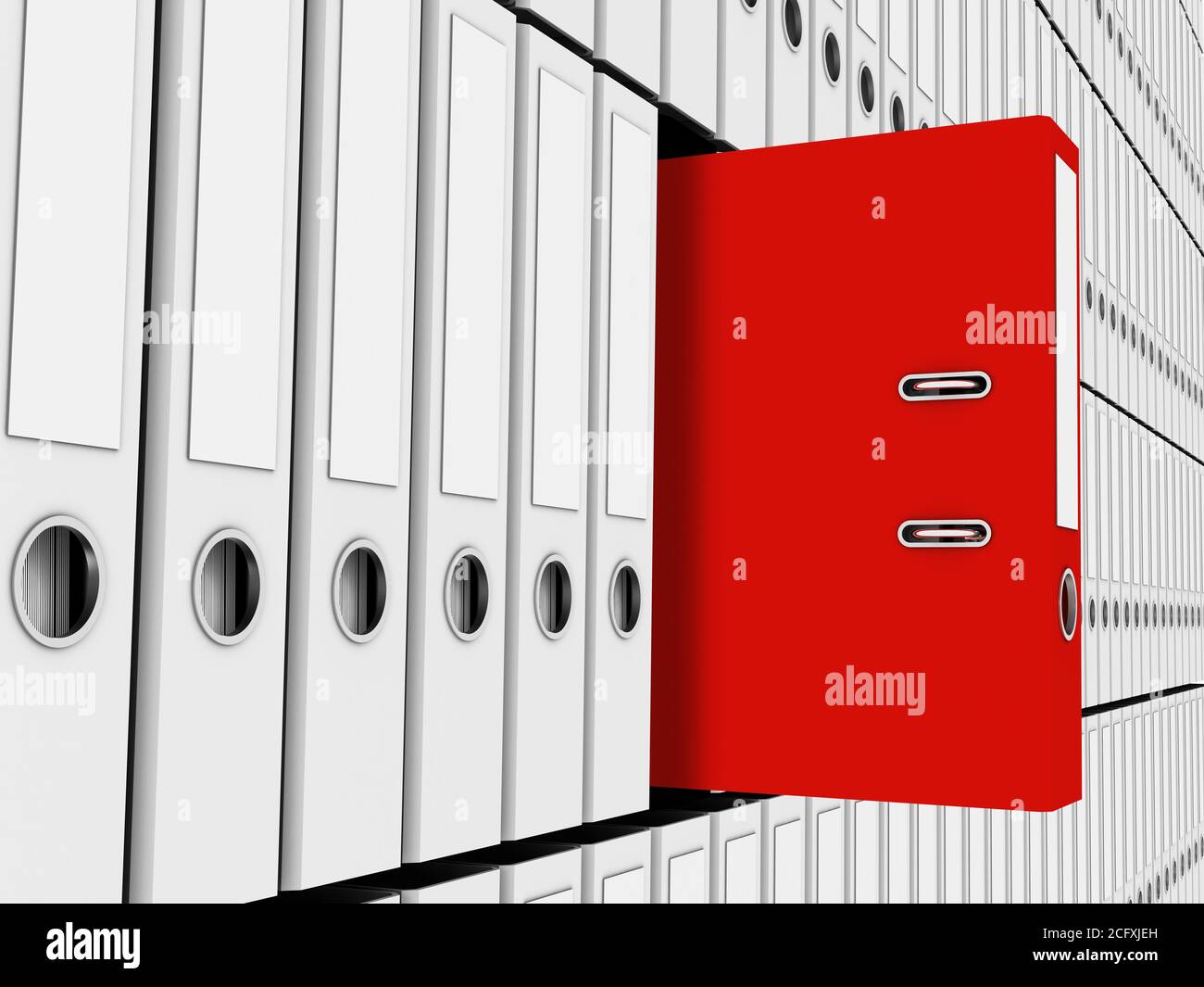 Red folder standing out from a lot of white folders, white background ...
