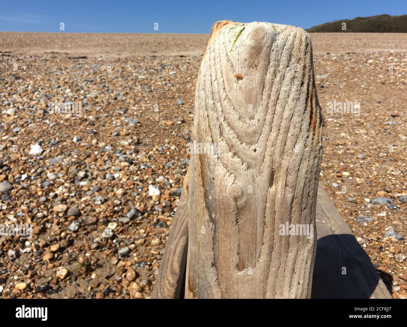 Weathered wooden groyne on shingle beach at Worthing, West Sussex ...