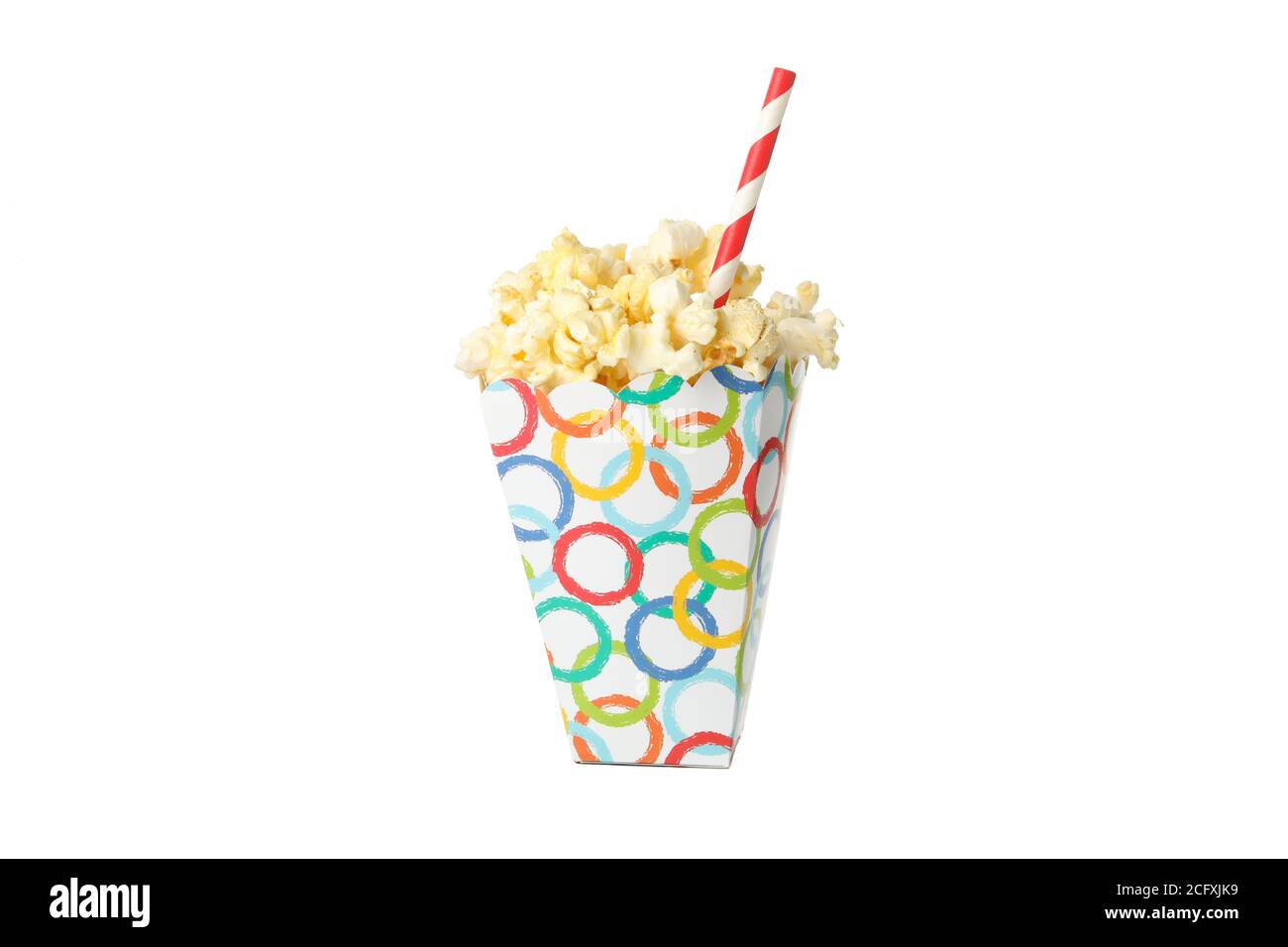 Cardboard box with popcorn and straw isolated on white background Stock ...
