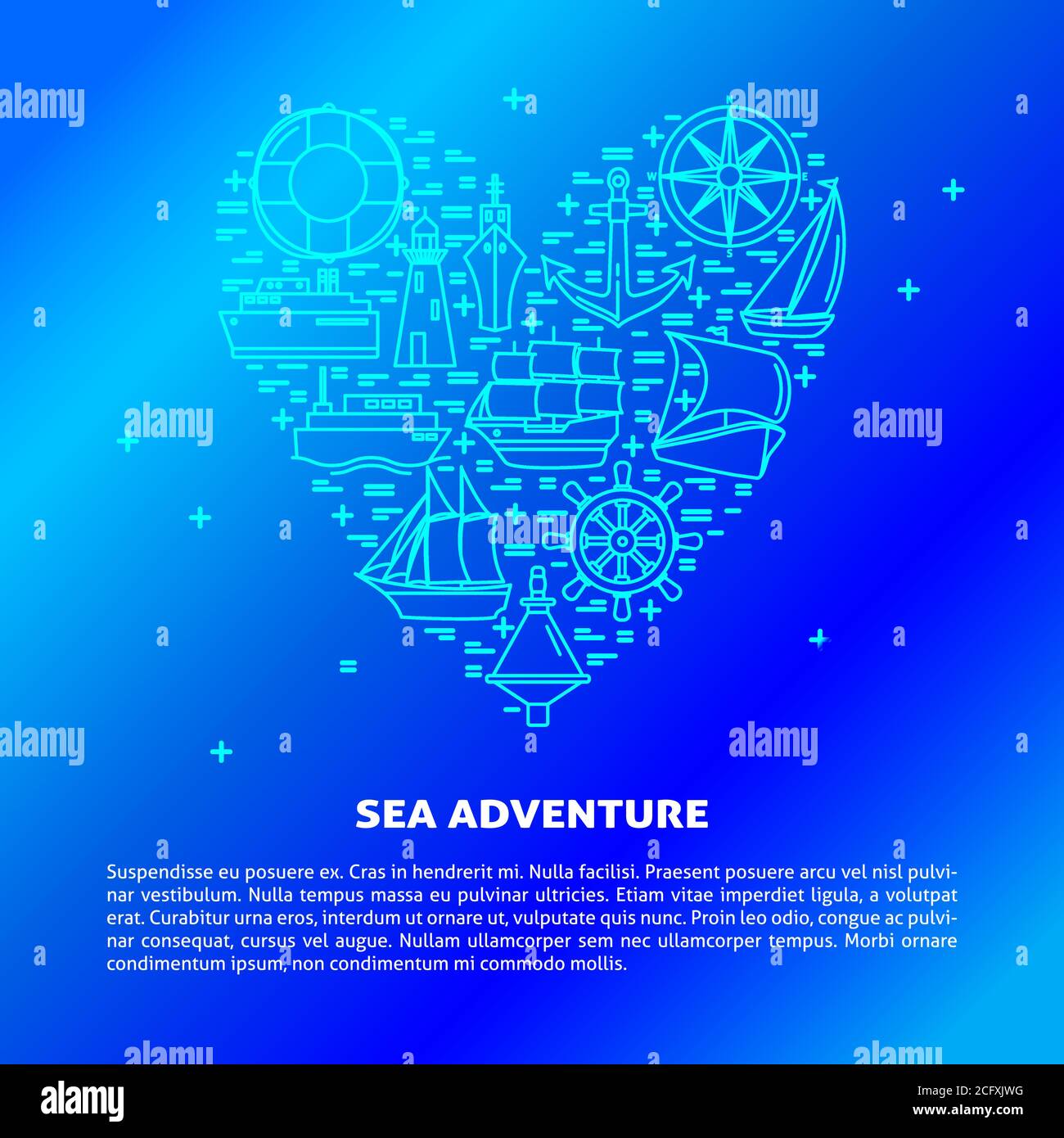 Sea adventure concept banner or poster template in line style with ...