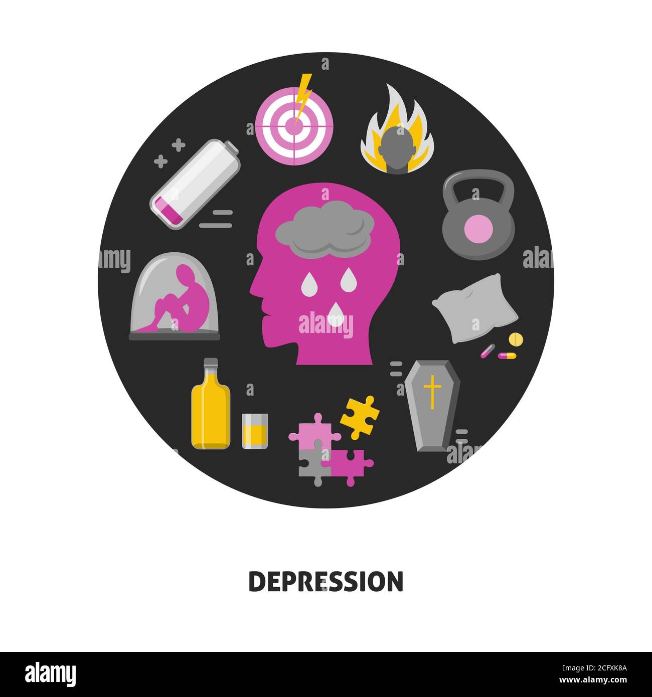 Depression symptoms banner template in flat style. Round concept poster ...