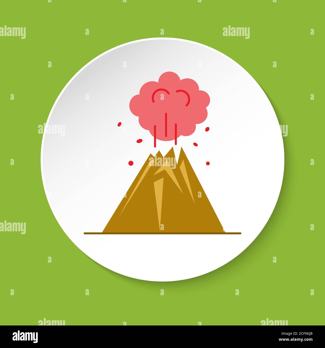 Volcano eruption icon in flat style. Colorful mountain symbol on round ...