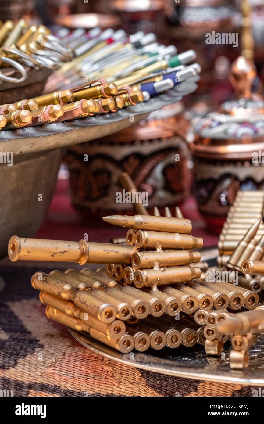 Metal toy tanks and other toys made from bullets left after the Bosnian ...