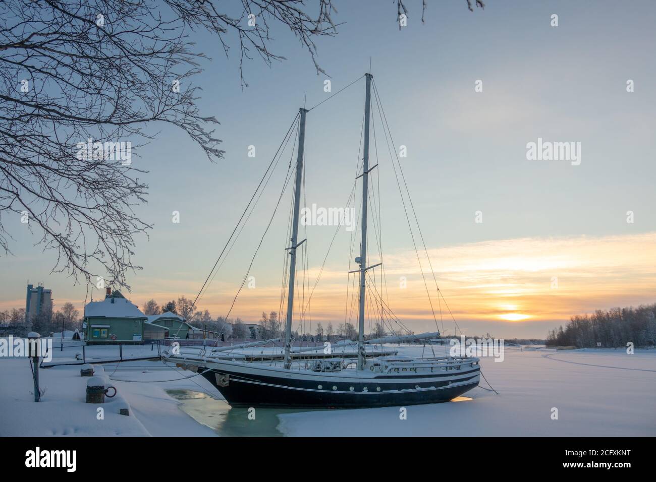 Sailing boat at a icy port in Finland Stock Photo - Alamy