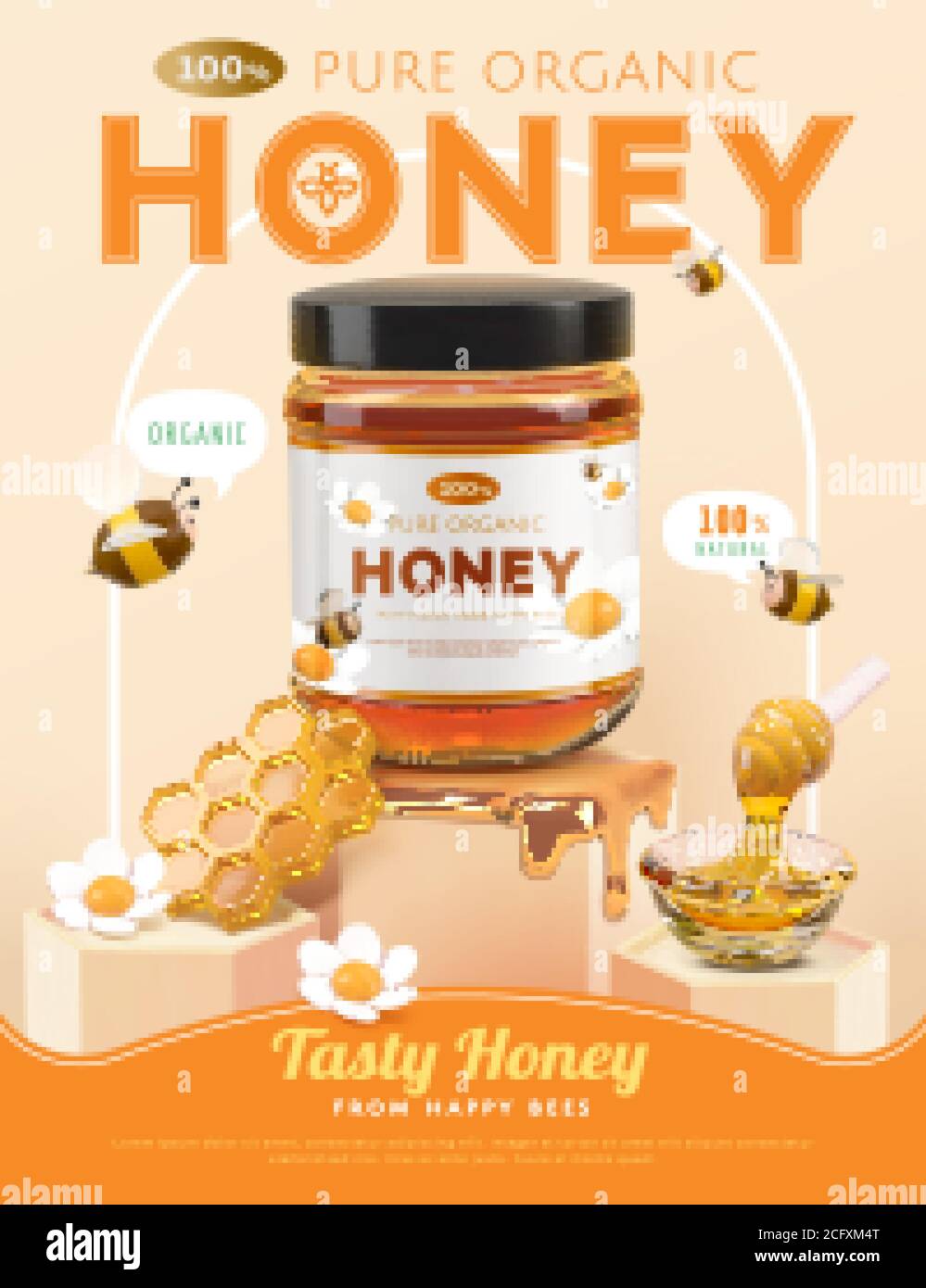 Organic honey ad template, glass jar mock-up set on podium with arch ...