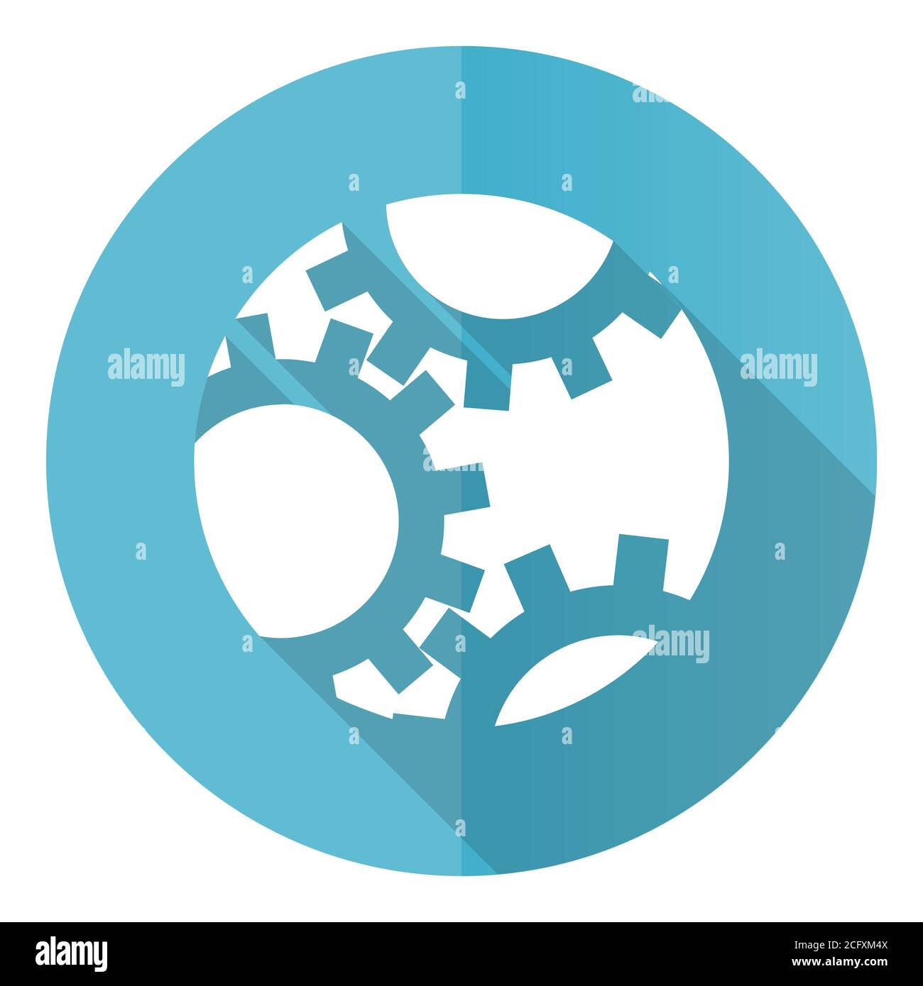 Gear vector icon, flat design blue round web button isolated on white ...