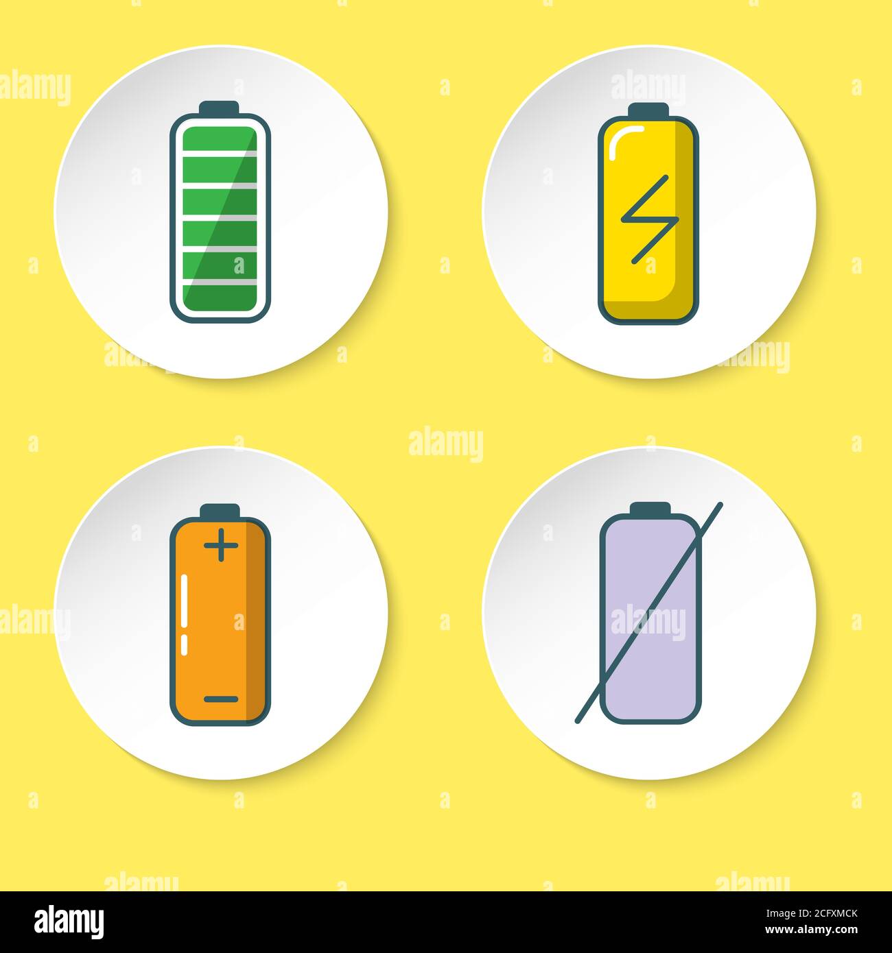 Set of battery charge level indicators in flat style on round button ...