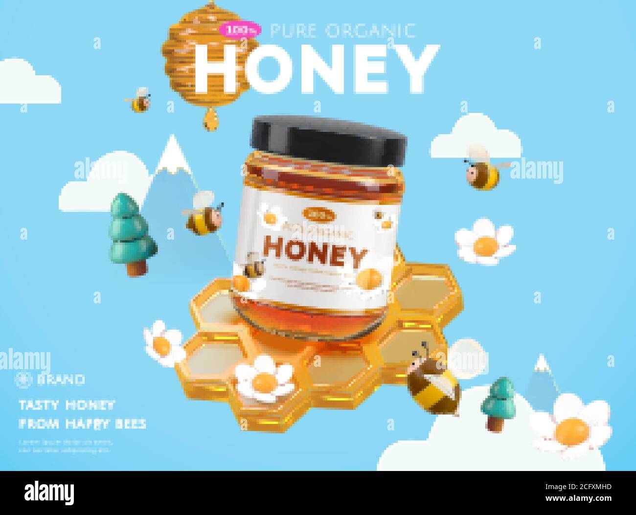 Sweet honey ad template, golden honeycomb with cute bees and trees on ...