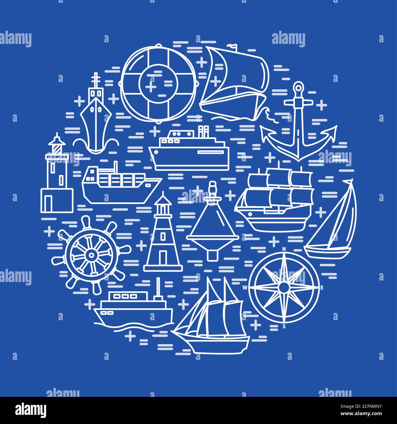 Marine round concept in line style with ships and nautical symbols. Sea ...