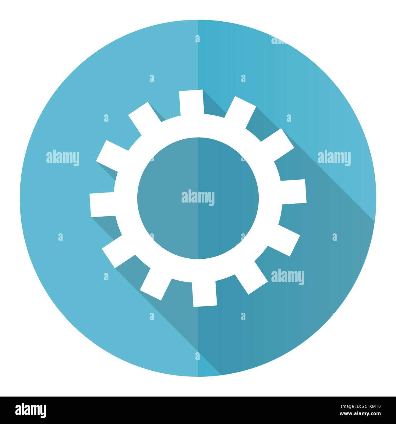 Gear vector icon, cogwheel flat design blue round web button isolated ...