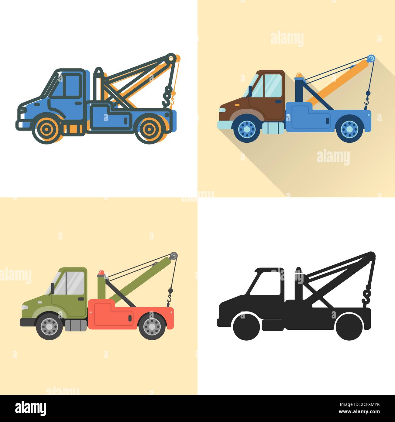Tow truck icon set in flat and line styles. Recovery vehicle ...