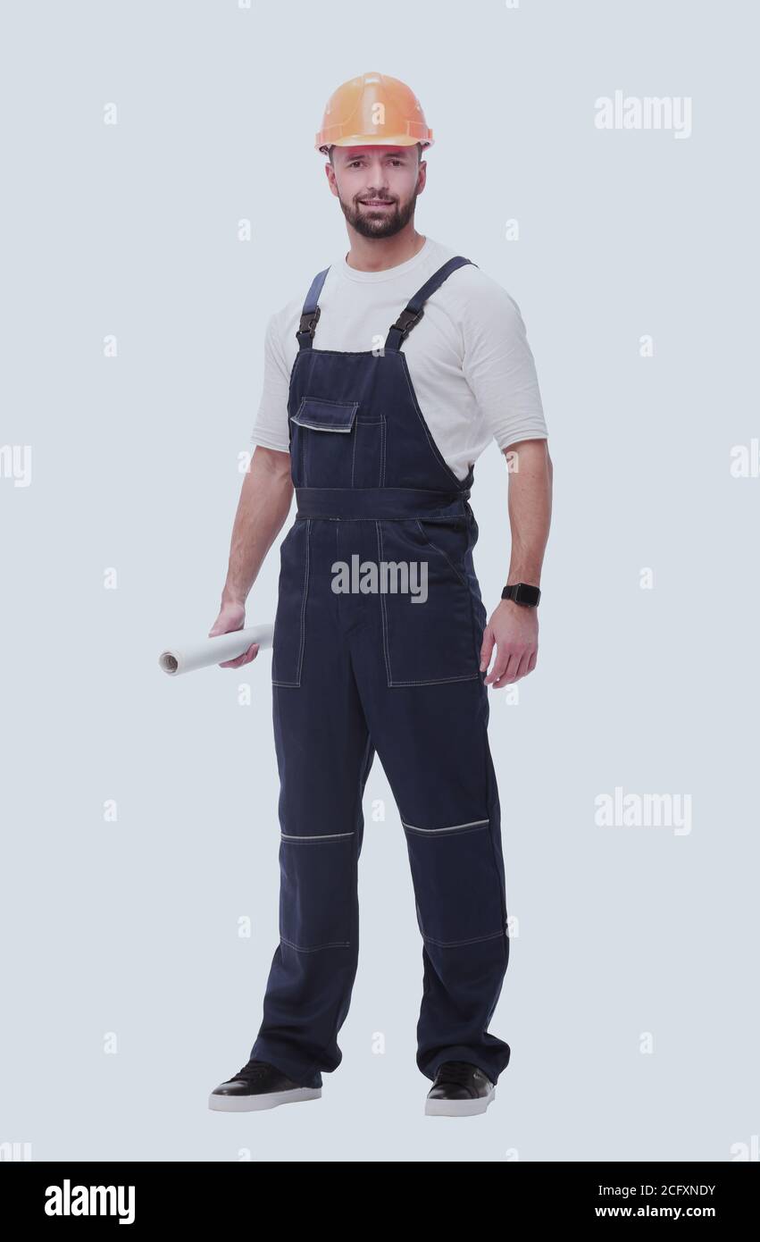 in full growth. competent worker with drawings Stock Photo - Alamy