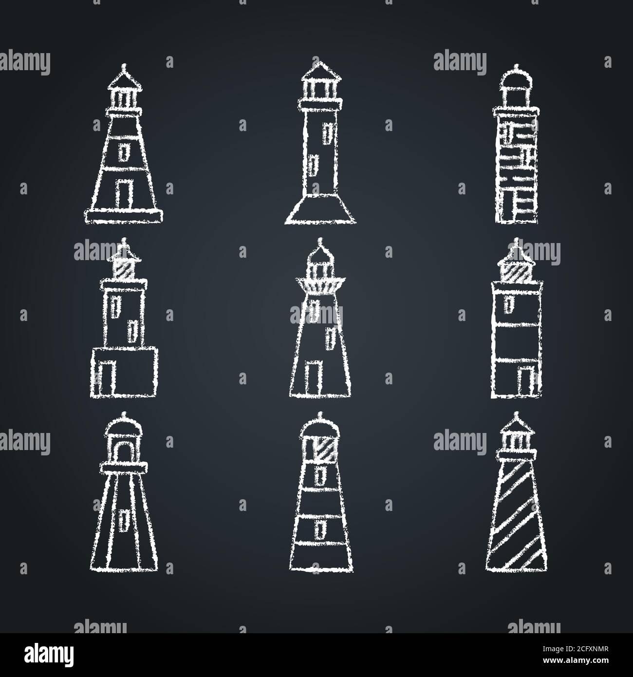Lighthouse icon sketches set in line style on chalkboard. Nautical ...