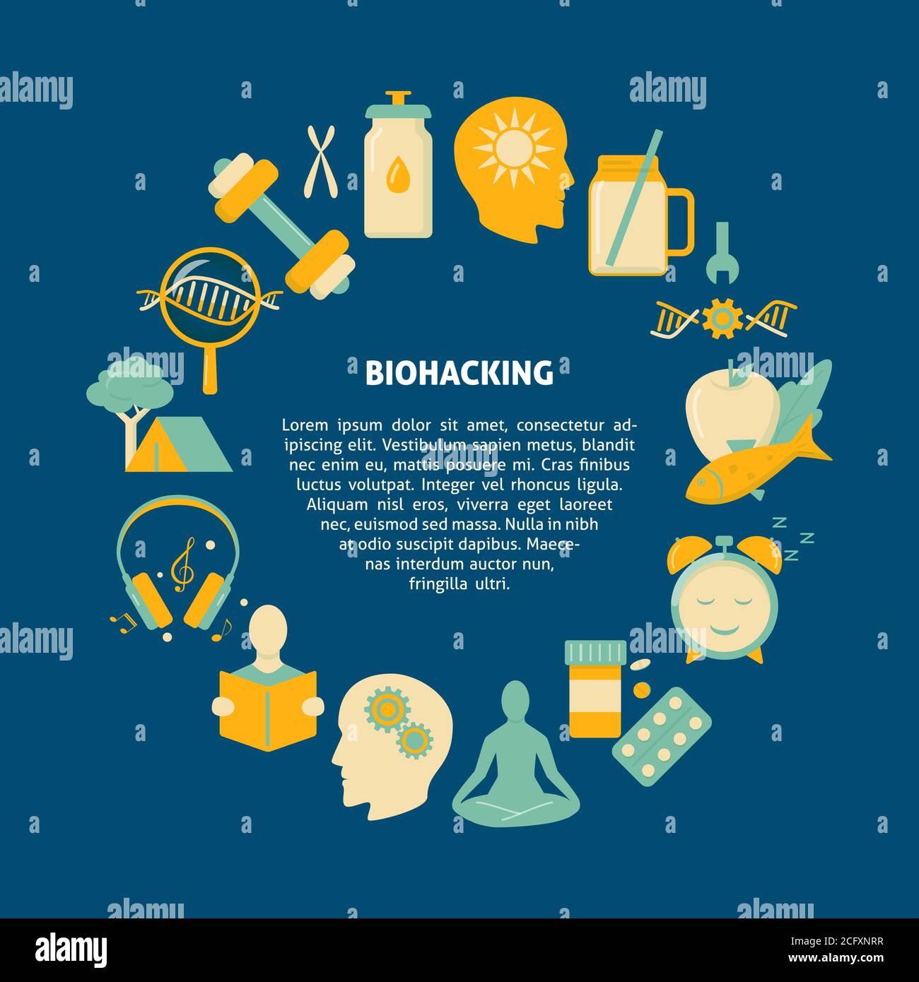 Biohacking round concept banner with icons in flat style. DIY biology ...