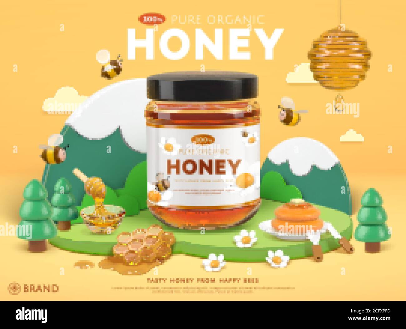 Organic honey ad template with cute bees and miniature natural mountain ...
