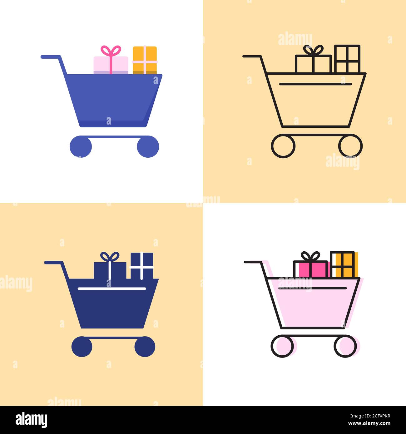 Shopping cart with presents icon set in flat and line styles Stock ...