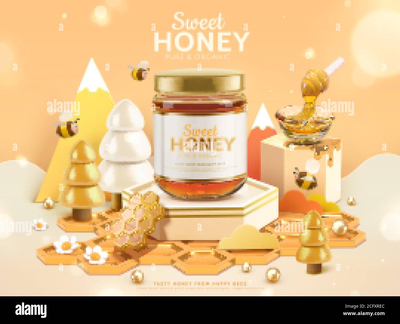 Sweet honey ad template, golden honeycomb podium design with cute bees ...