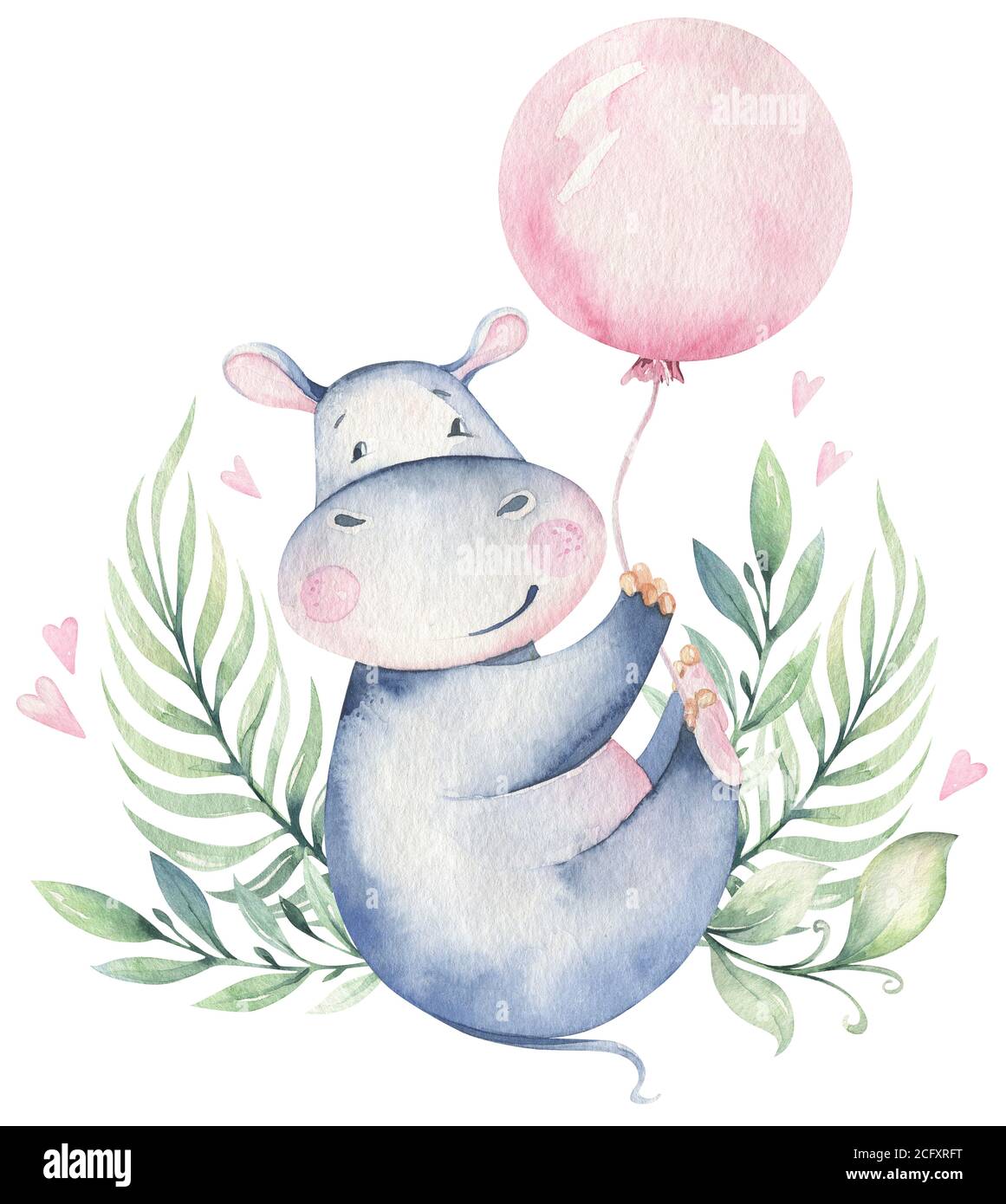 Hand drawn cute isolated tropical summer watercolor hippo animals ...