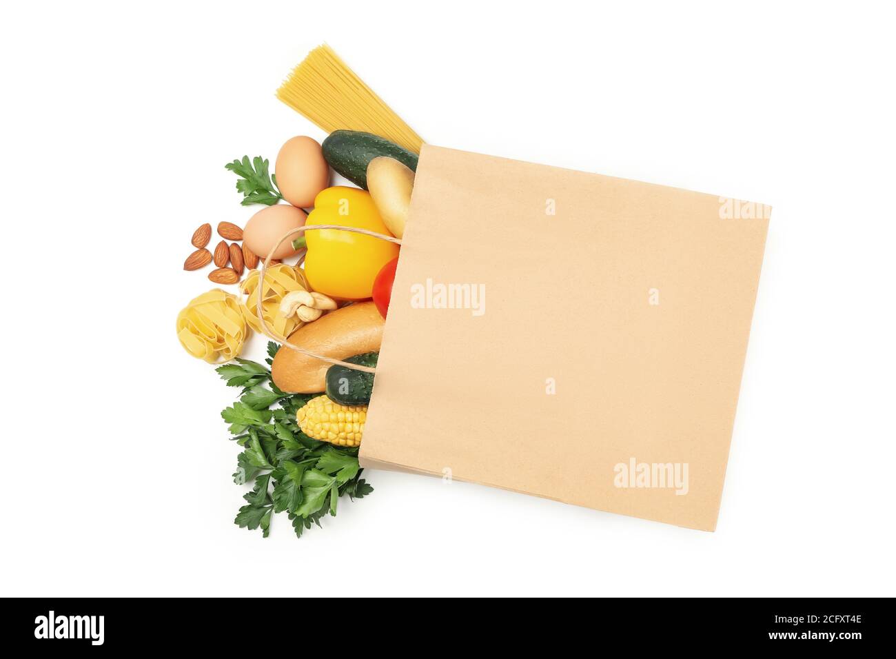 Paper bag with different food isolated on white background Stock Photo ...