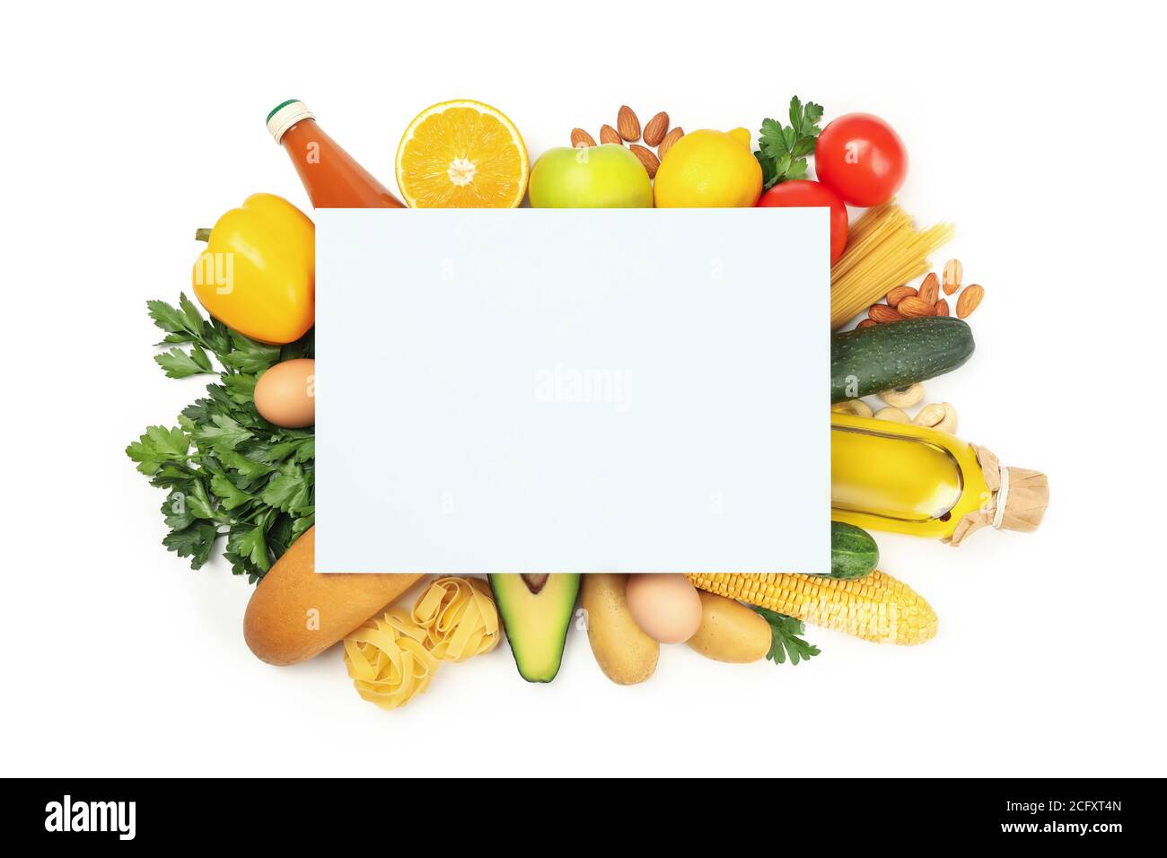 Different food with space for text isolated on white background Stock ...