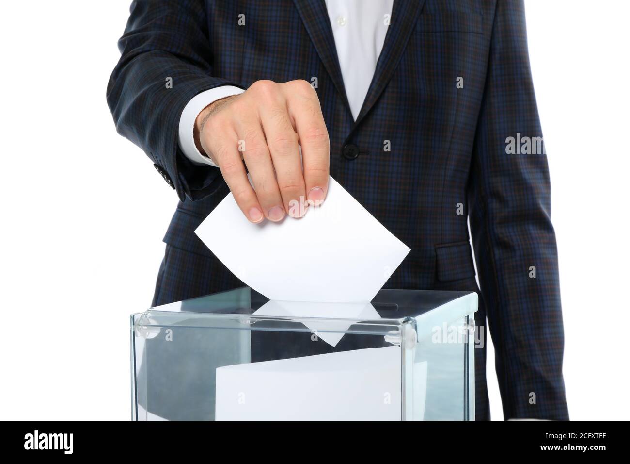 Man putting ballot into voting box, isolated on white background Stock ...