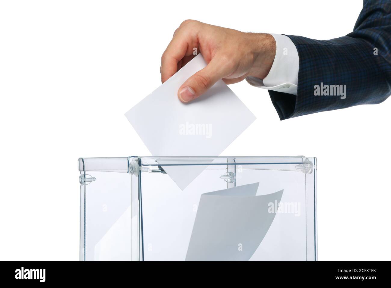 Man putting ballot into voting box, isolated on white background Stock ...