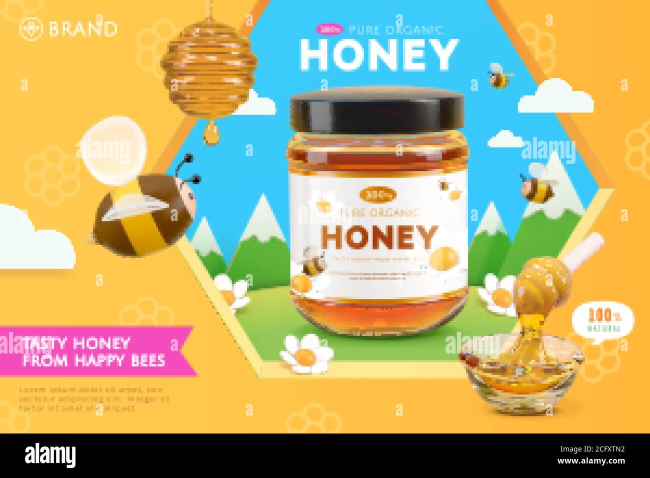 Organic honey ad template, glass jar mock-up set by hive shaped hole ...