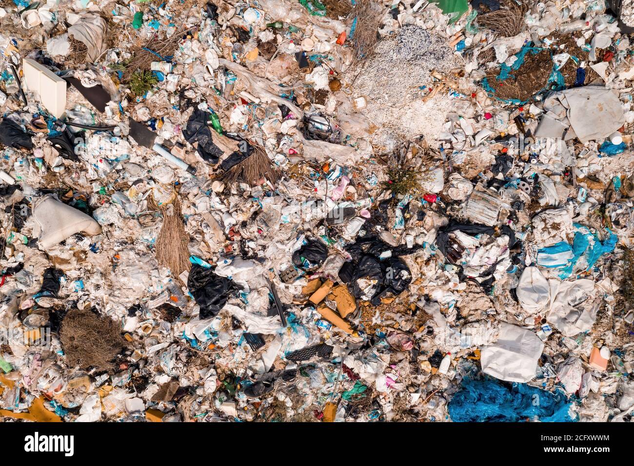 Aerial view of garbage dump landfill from drone pov, disposal of waste ...