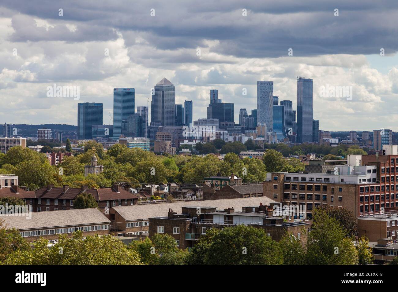 Canary Wharfs,London skyline,England,UK viewed from Tower Hamlets Stock ...