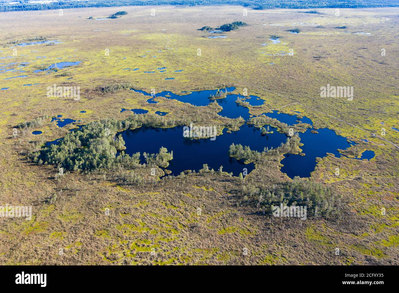 Aerial view over peat-bog landscape with lake and pool patterns Stock ...
