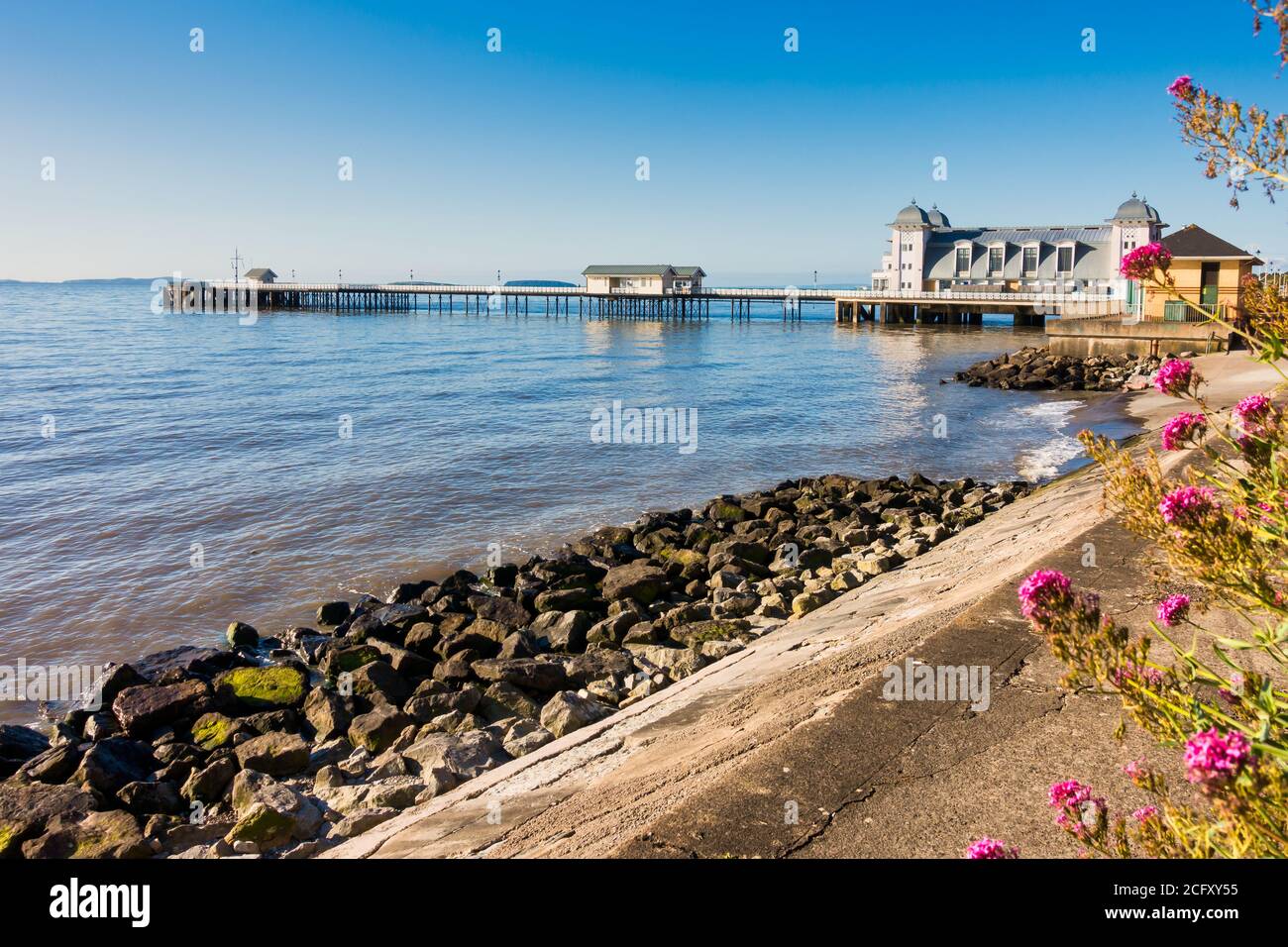 Penarth waterfront with flowers on a summer morning with Penarth Pier ...