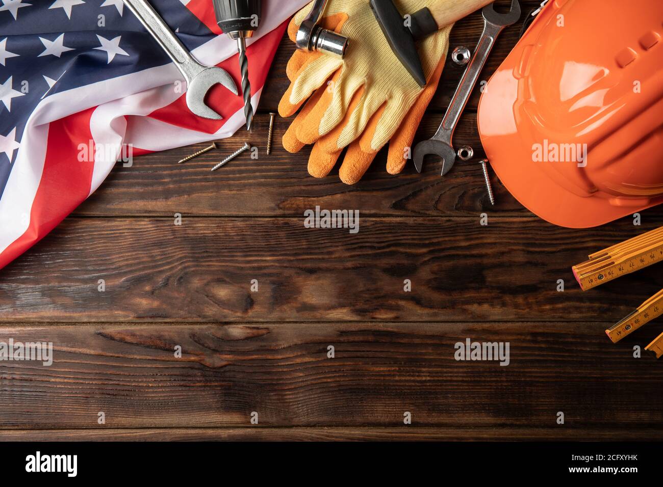Construction tools on table, space for text Stock Photo - Alamy