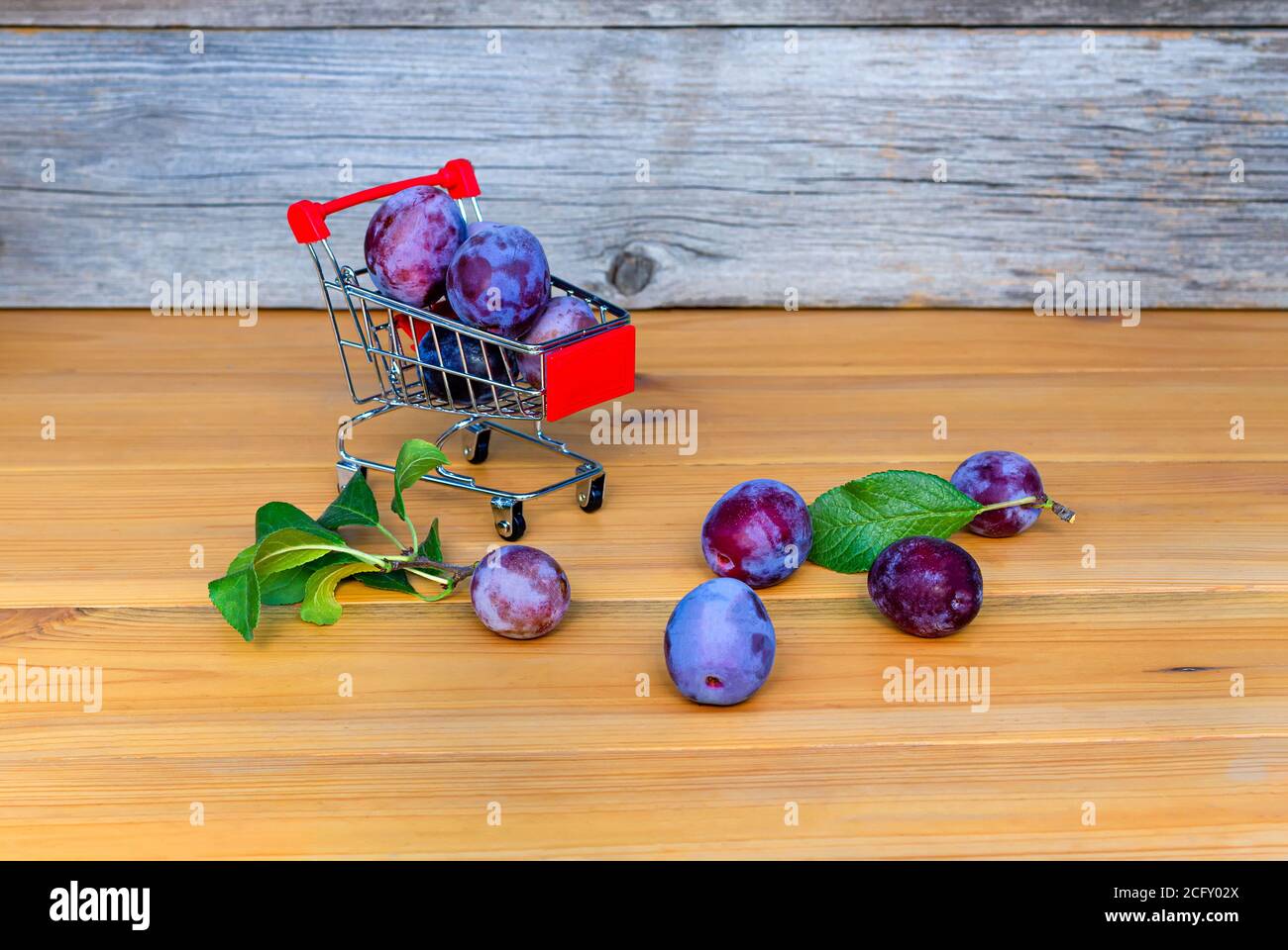 The benefits of plums for the human body.Shopping cart with ripe plums ...