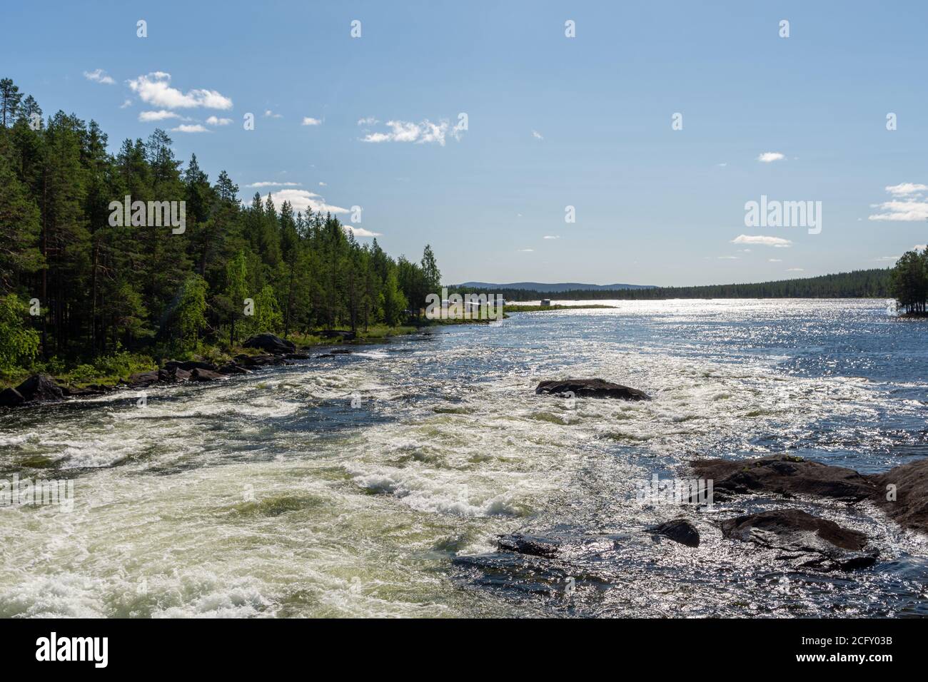 Downstream Trollforsen rapid in Pite river in the Northern Sweden with ...