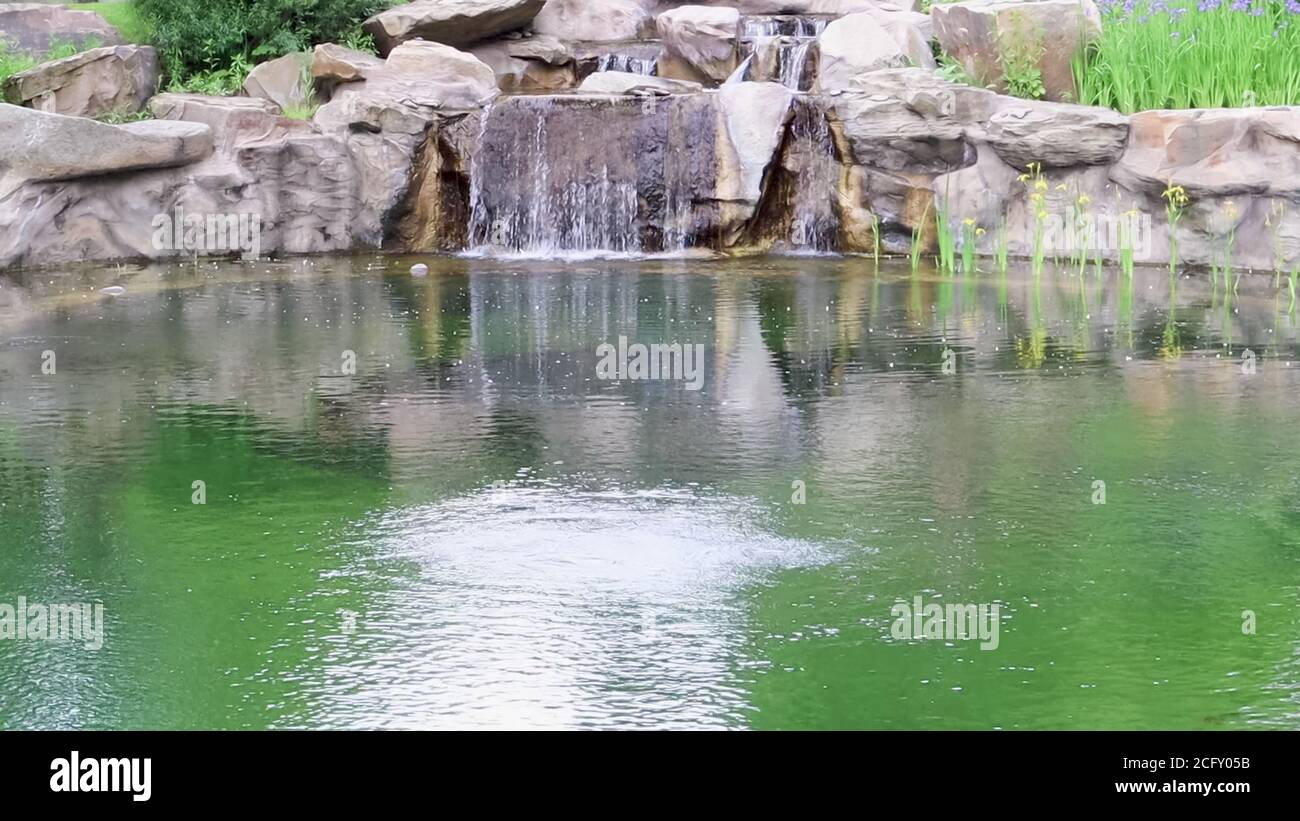 A small decorative waterfall splashes into the pond. Landscaping using ...