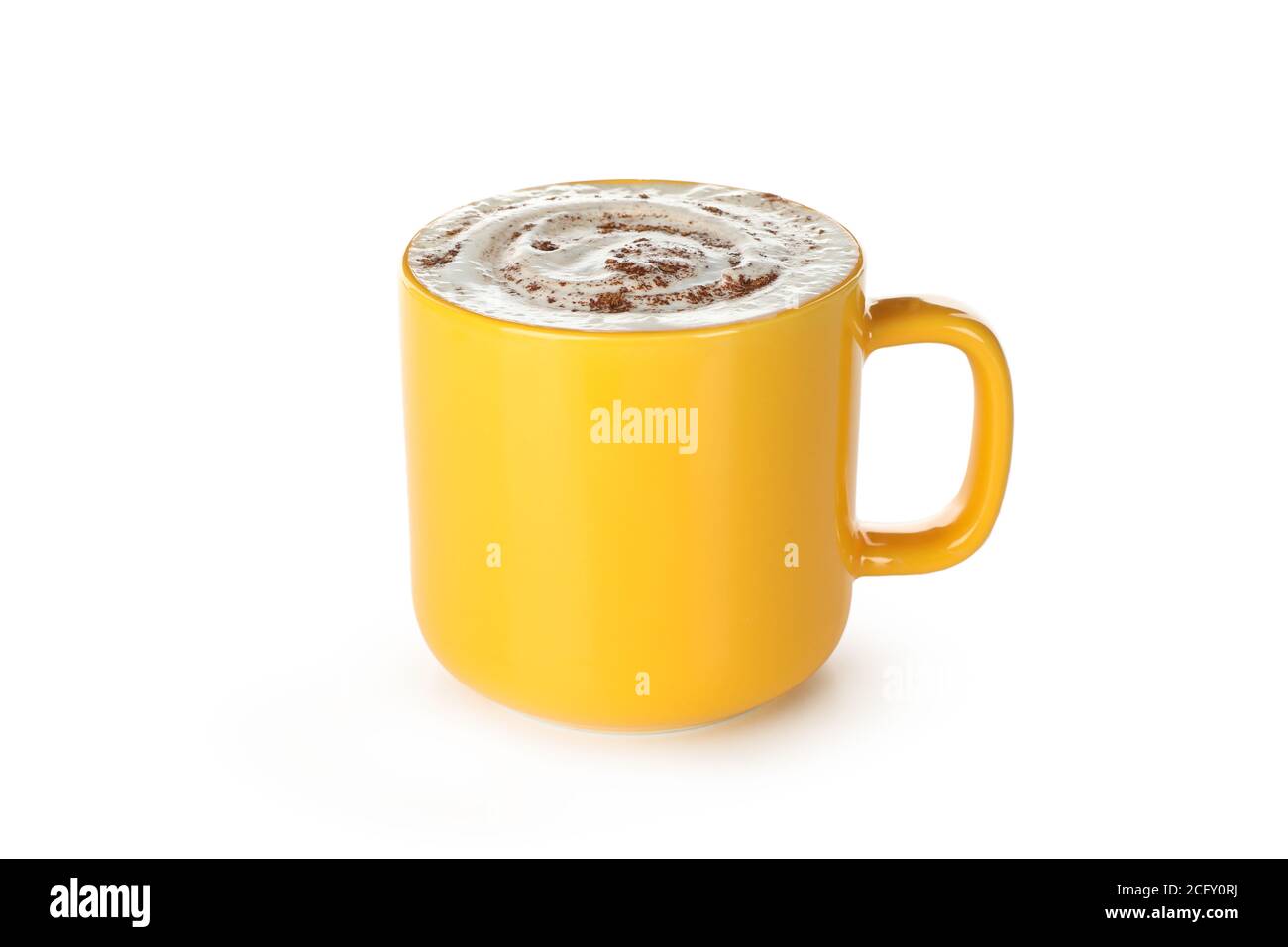 Yellow cup of latte isolated on white background Stock Photo - Alamy