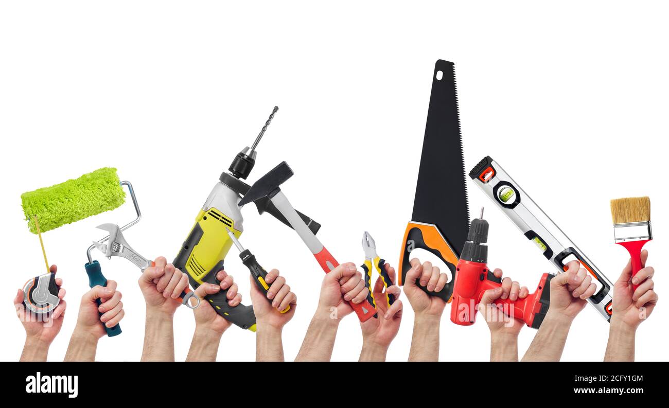 Hands with tools Stock Photo - Alamy
